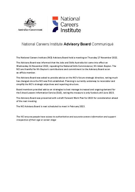 National Careers Institute Advisory Board Communiqué - 17 November 2022 ... National Careers Institute Advisory Board Communiqué - 17 November 2022 ...